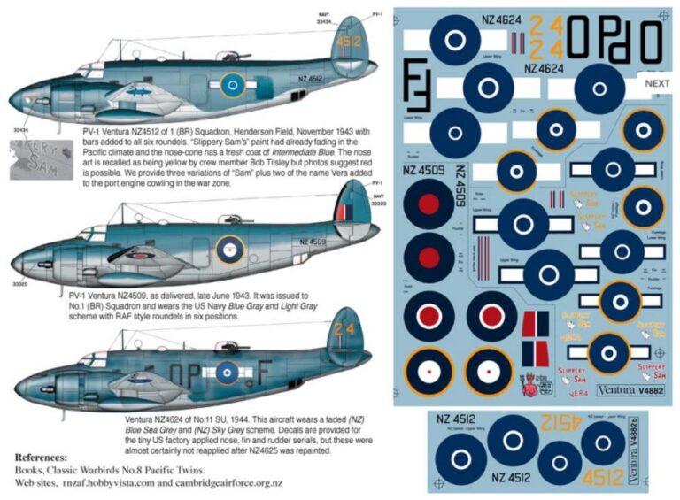 Ventura 1:48th scale Decals – RNZAF PV-1 Venturas – four options ...
