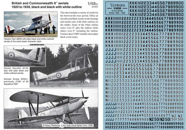 Ventura 1:48th scale Decals – RAF, RAAF, RNZAF 8” serials 1920 to 1939 ...